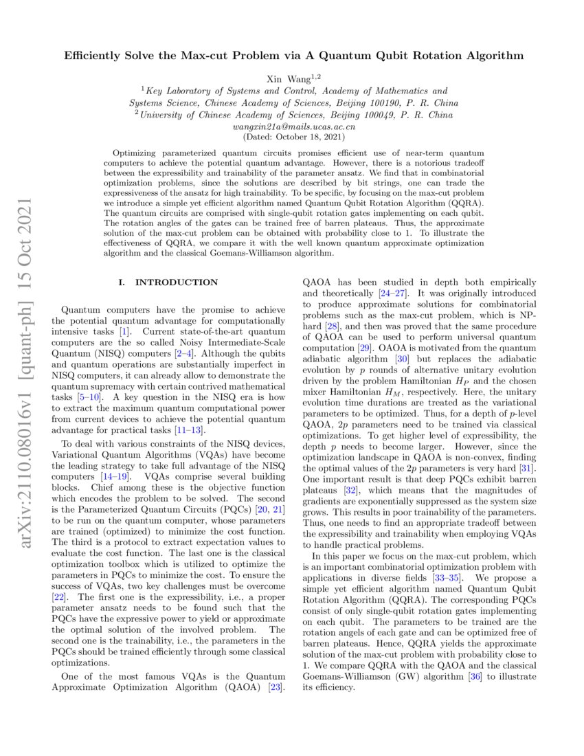 Efficiently Solve The Max Cut Problem Via A Quantum Qubit Rotation Algorithm Deepai