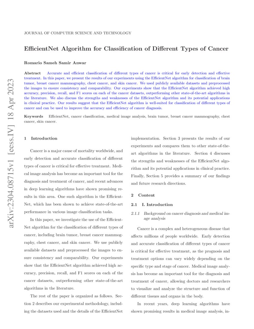 EfficientNet Algorithm for Classification of Different Types of Cancer ... EfficientNet Algorithm for Classification of Different Types of Cancer ...