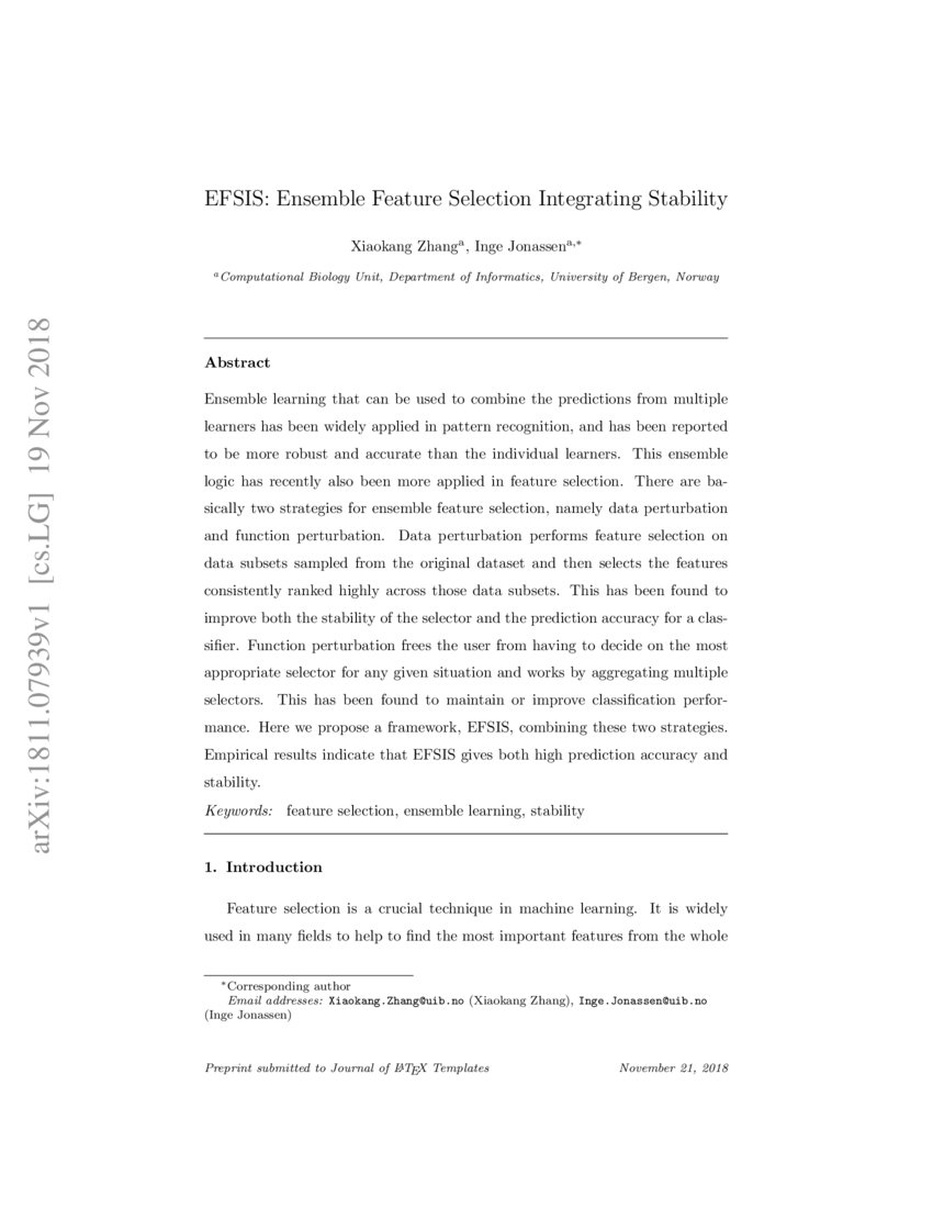 EFSIS: Ensemble Feature Selection Integrating Stability | DeepAI