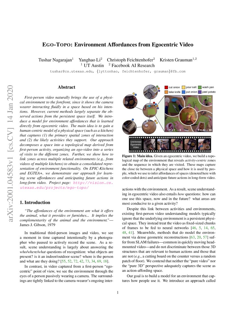 EGO-TOPO: Environment Affordances from Egocentric Video | DeepAI