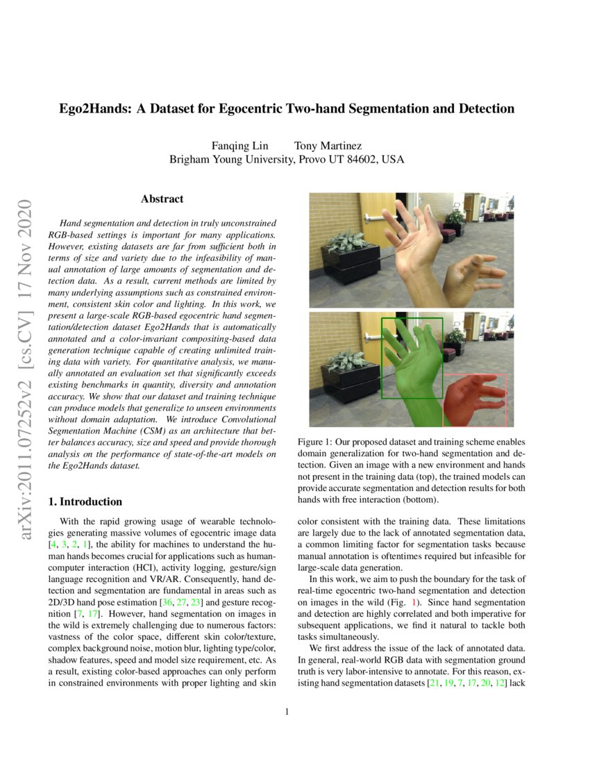 Ego2Hands: A Dataset for Egocentric Two-hand Segmentation and Detection ...