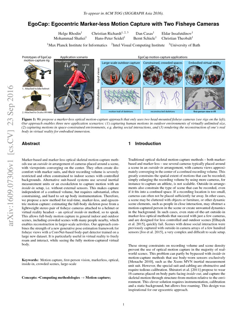EgoCap: Egocentric Marker-less Motion Capture with Two Fisheye Cameras | DeepAI
