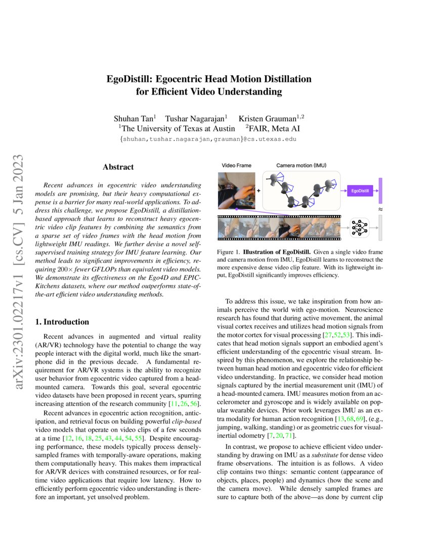 EgoDistill: Egocentric Head Motion Distillation for Efficient Video Understanding | DeepAI