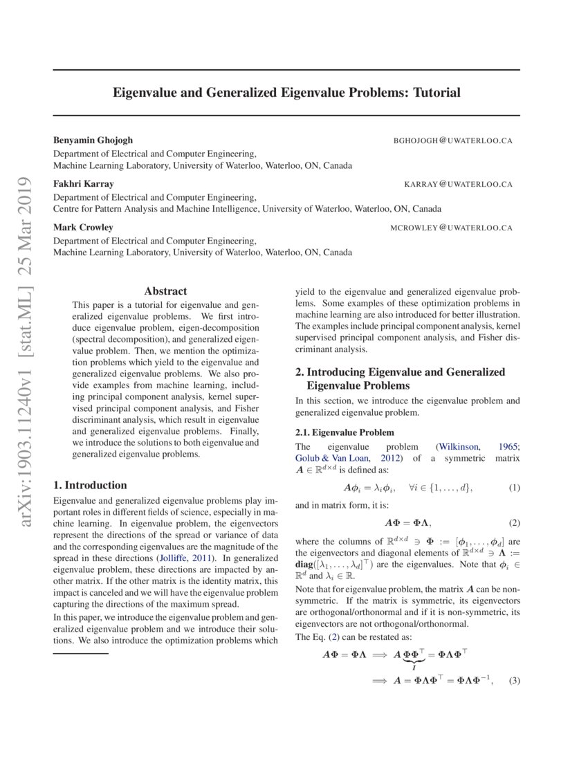 Eigenvalue and Generalized Eigenvalue Problems: Tutorial | DeepAI