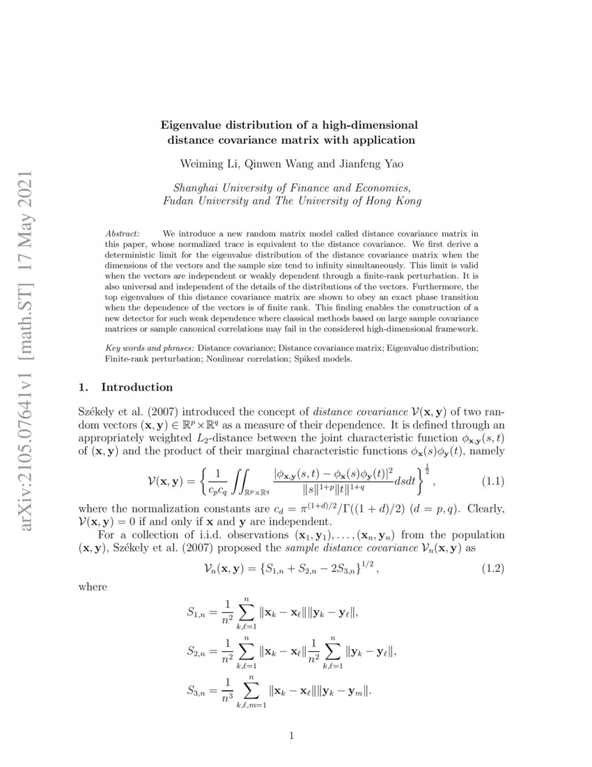 Eigenvalue Distribution Of A High Dimensional Distance Covariance Matrix With Application Deepai