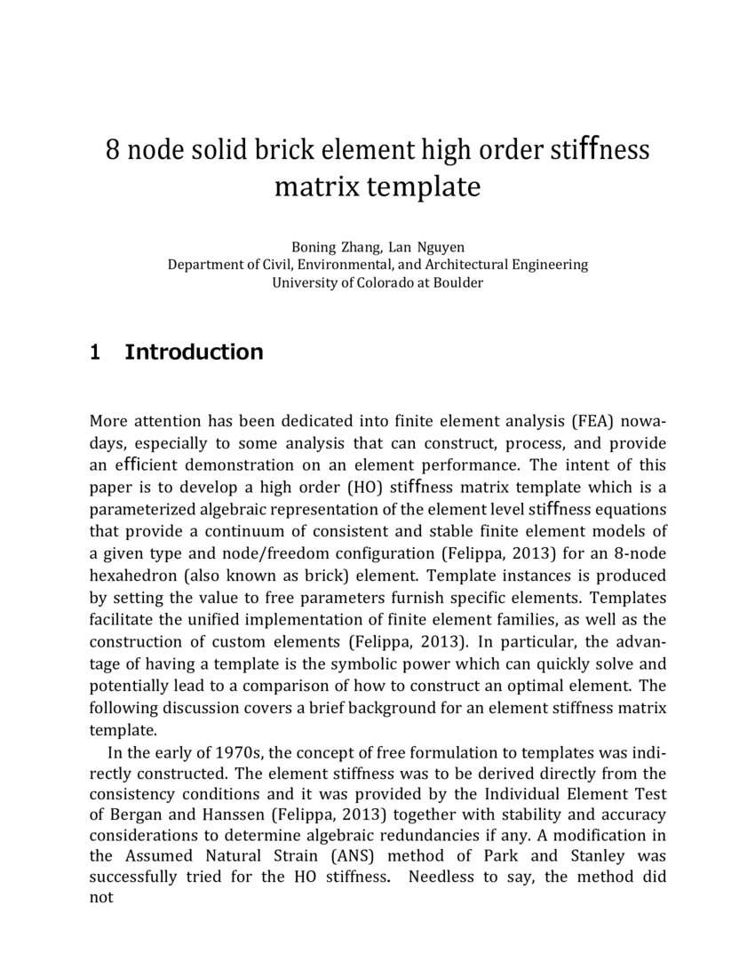 Eight Node Solid Brick Element High Order Stiffness Matrix Template Deepai