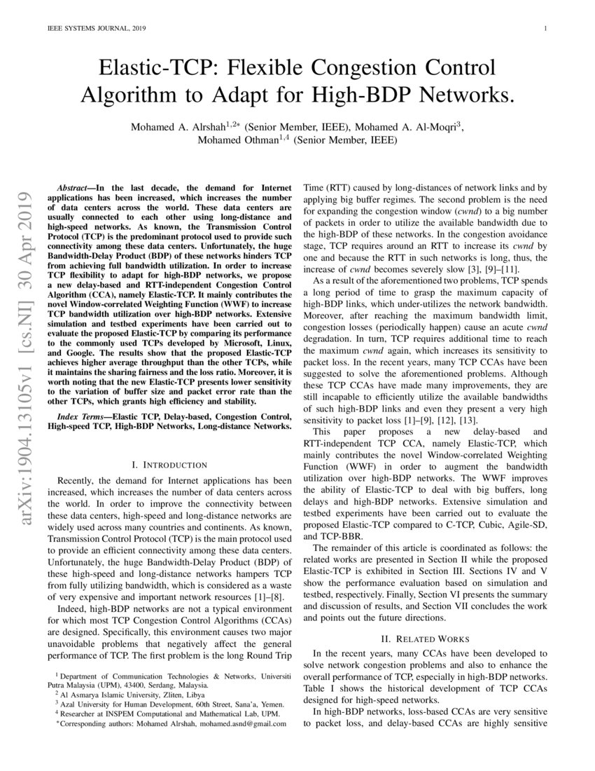 Elastic-TCP: Flexible Congestion Control Algorithm to Adapt for High-BDP Networks | DeepAI
