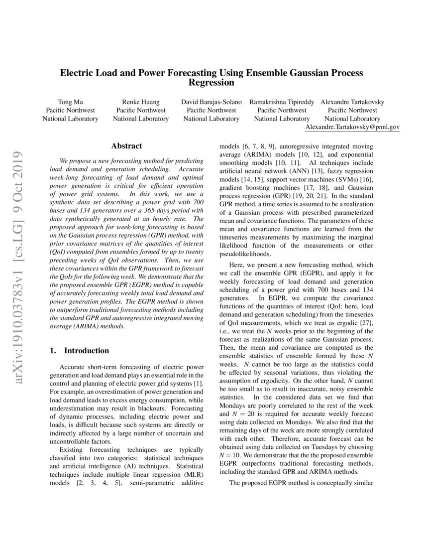 Electric Load and Power Forecasting Using Ensemble Gaussian Process Regression | DeepAI