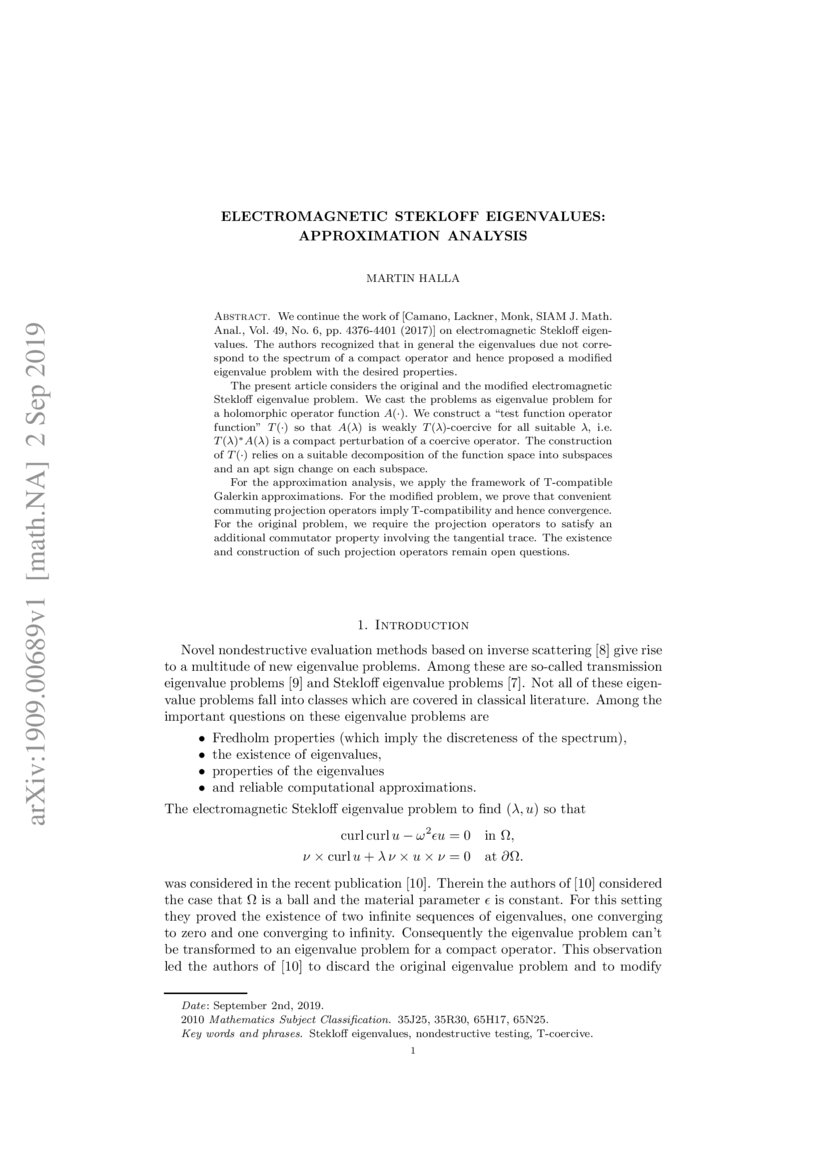Electromagnetic Stekloff Eigenvalues Approximation Analysis Deepai