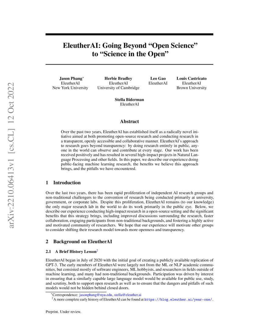 EleutherAI: Going Beyond "Open Science" to "Science in the Open" | DeepAI
