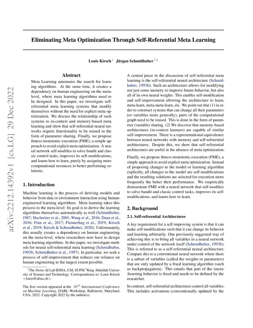 Eliminating Meta Optimization Through Self Referential Meta Learning