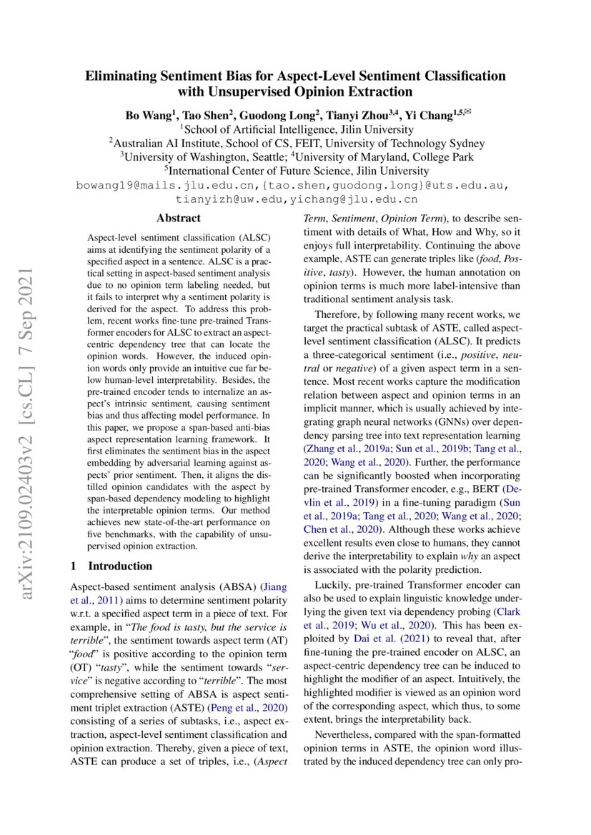 Eliminating Sentiment Bias For Aspect Level Sentiment Classification With Unsupervised Opinion