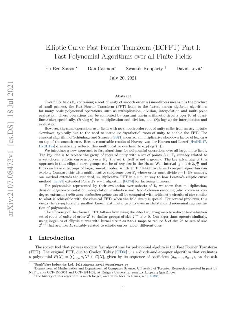 Elliptic Curve Fast Fourier Transform Ecfft Part I Fast Polynomial Algorithms Over All Finite 