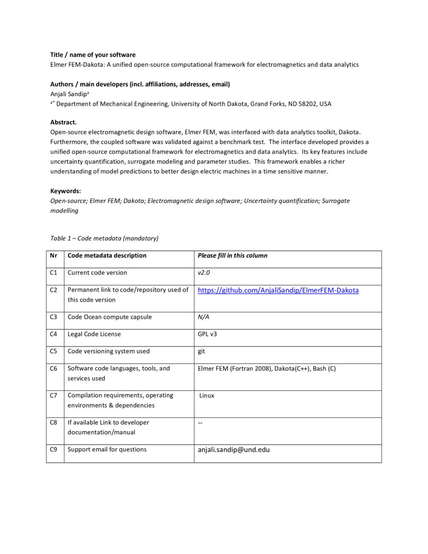 Elmer Fem Dakota A Unified Open Source Computational Framework For