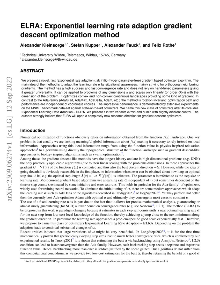 ELRA: Exponential learning rate adaption gradient descent optimization method | DeepAI