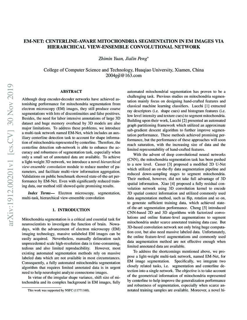 EM-NET: Centerline-Aware Mitochondria Segmentation in EM Images via Hierarchical View-Ensemble ...