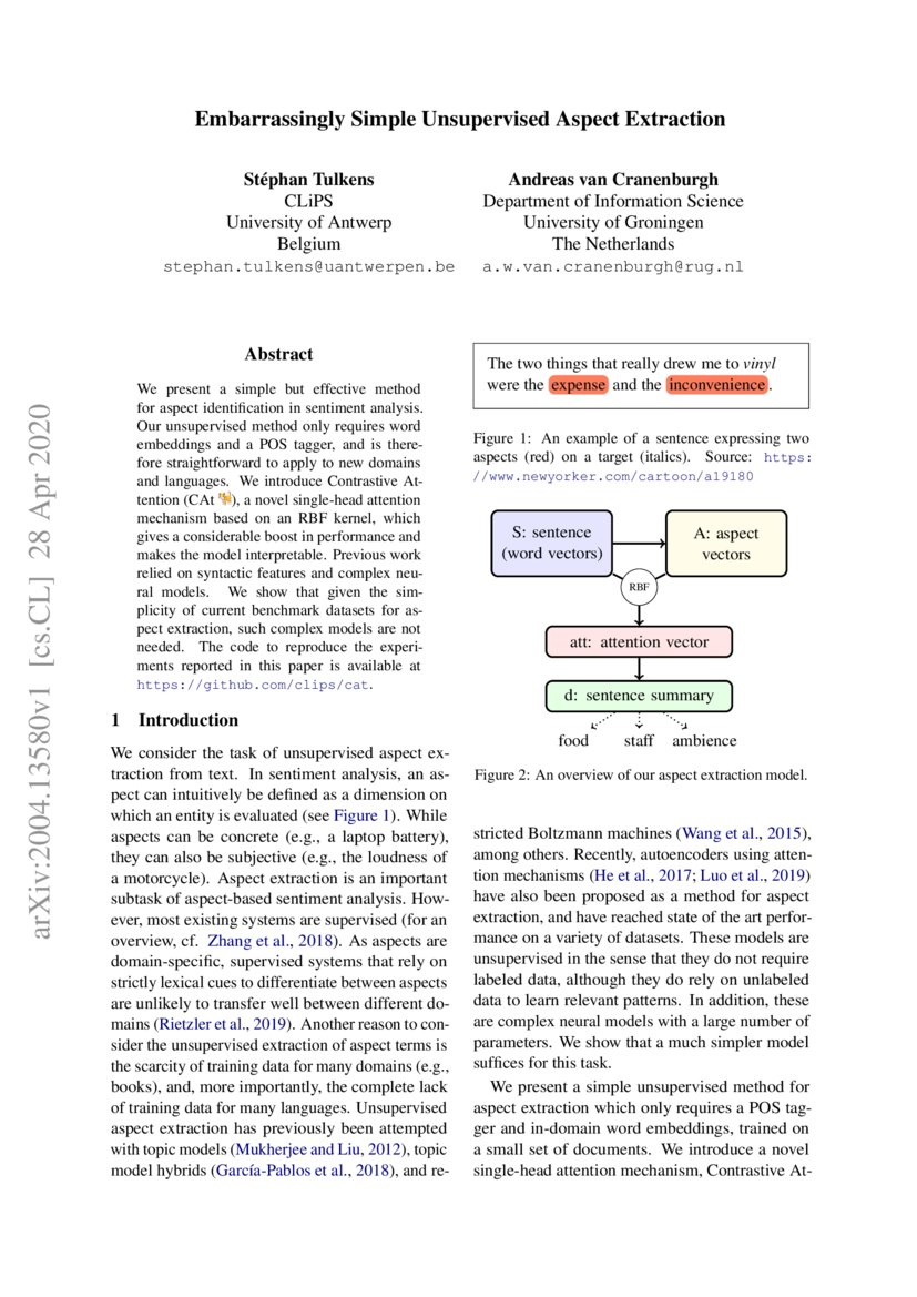 Embarrassingly Simple Unsupervised Aspect Extraction | DeepAI Embarrassingly Simple Unsupervised Aspect Extraction | DeepAI