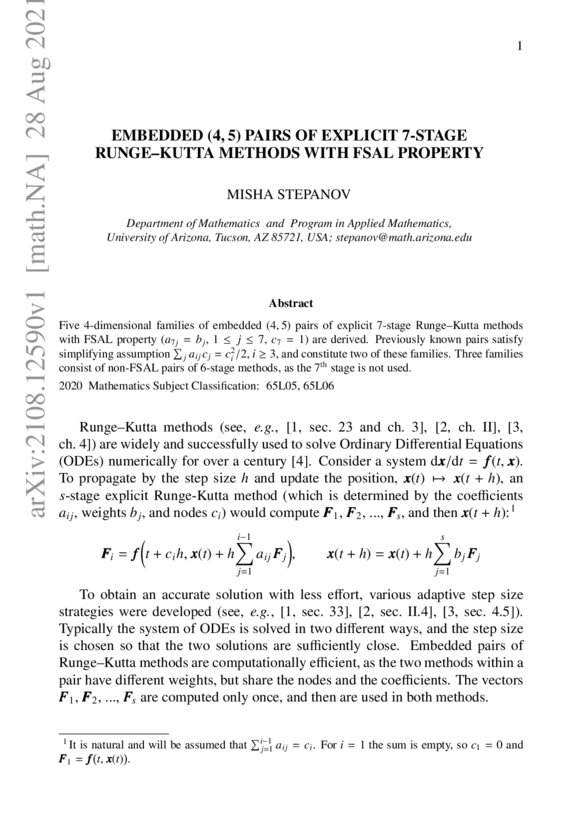 Embedded (4, 5) pairs of explicit 7-stage Runge-Kutta methods with FSAL property | DeepAI