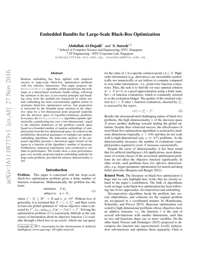 Embedded Bandits For Large Scale Black Box Optimization Deepai 