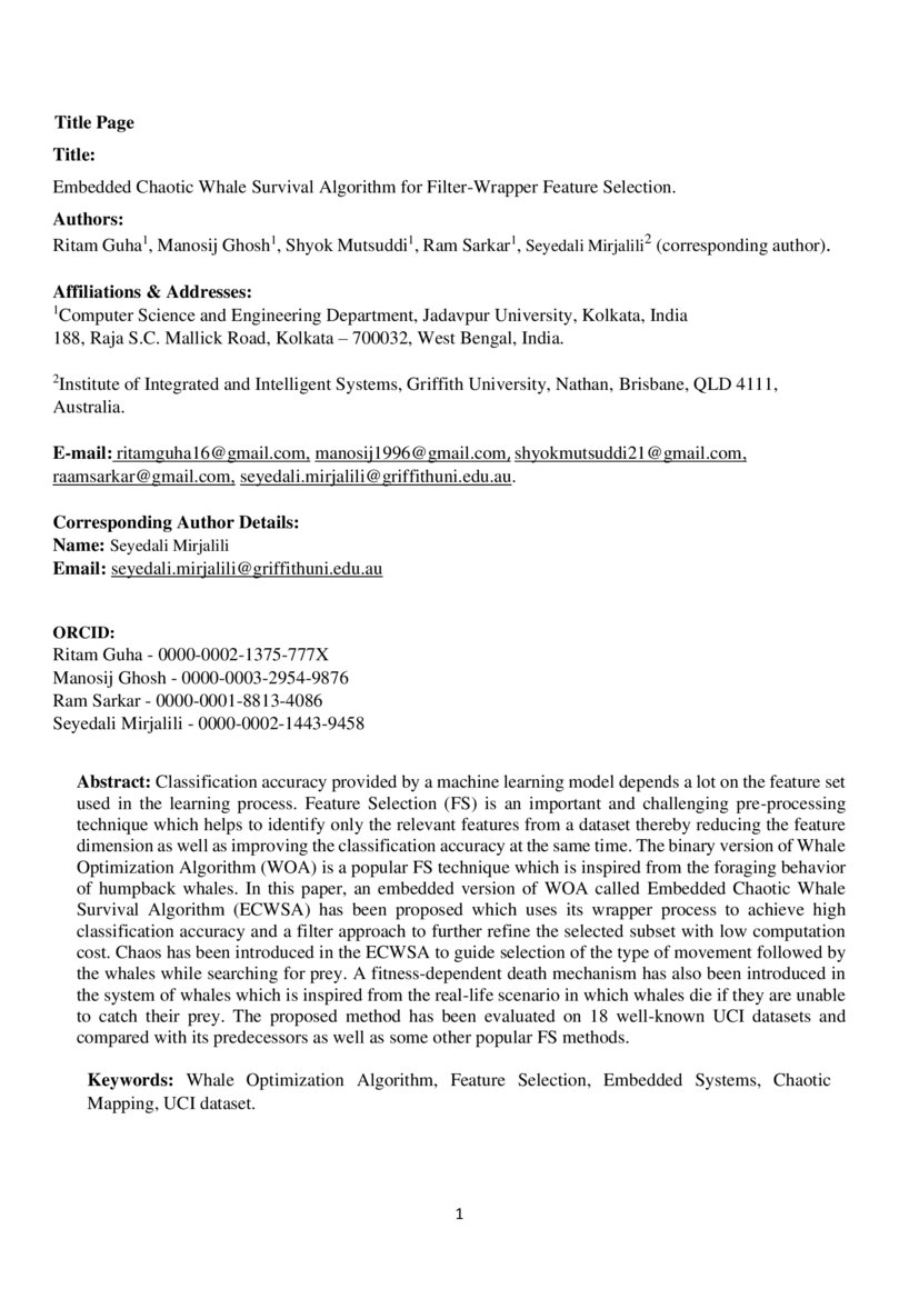 Embedded Chaotic Whale Survival Algorithm for Filter-Wrapper Feature ... Embedded Chaotic Whale Survival Algorithm for Filter-Wrapper Feature ...