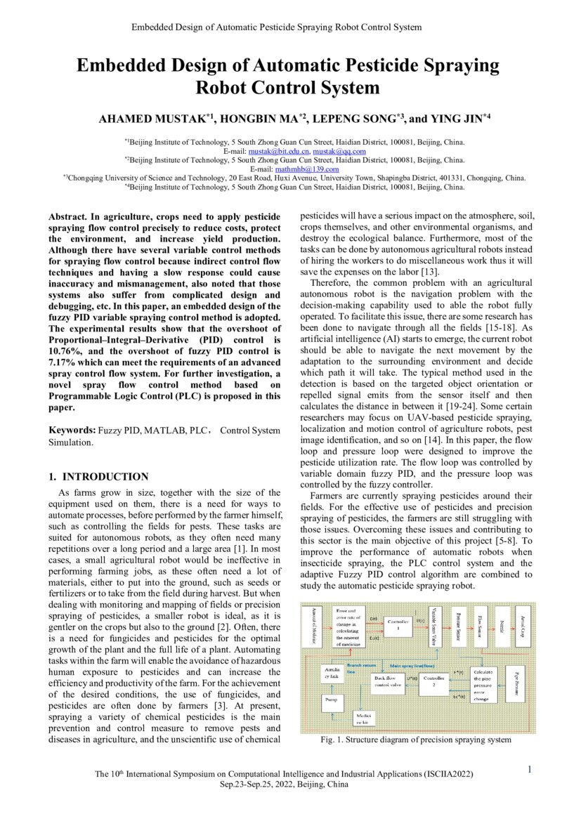 Embedded Design of Automatic Pesticide Spraying Robot Control System | DeepAI