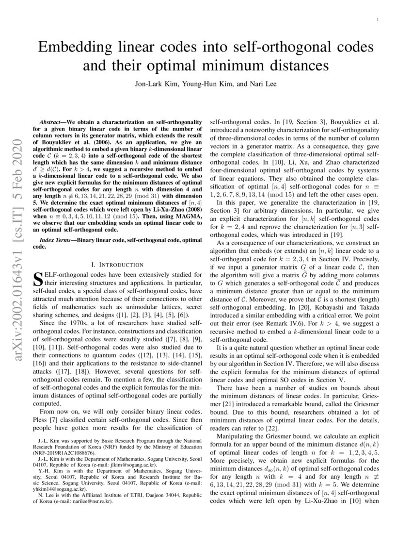 Embedding Linear Codes Into Self Orthogonal Codes And Their Optimal Minimum Distances Deepai 8102