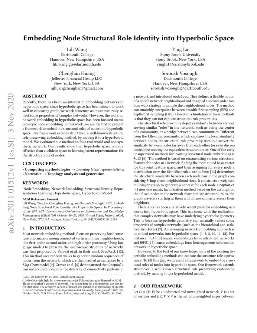 Embedding Node Structural Role Identity into Hyperbolic Space | DeepAI