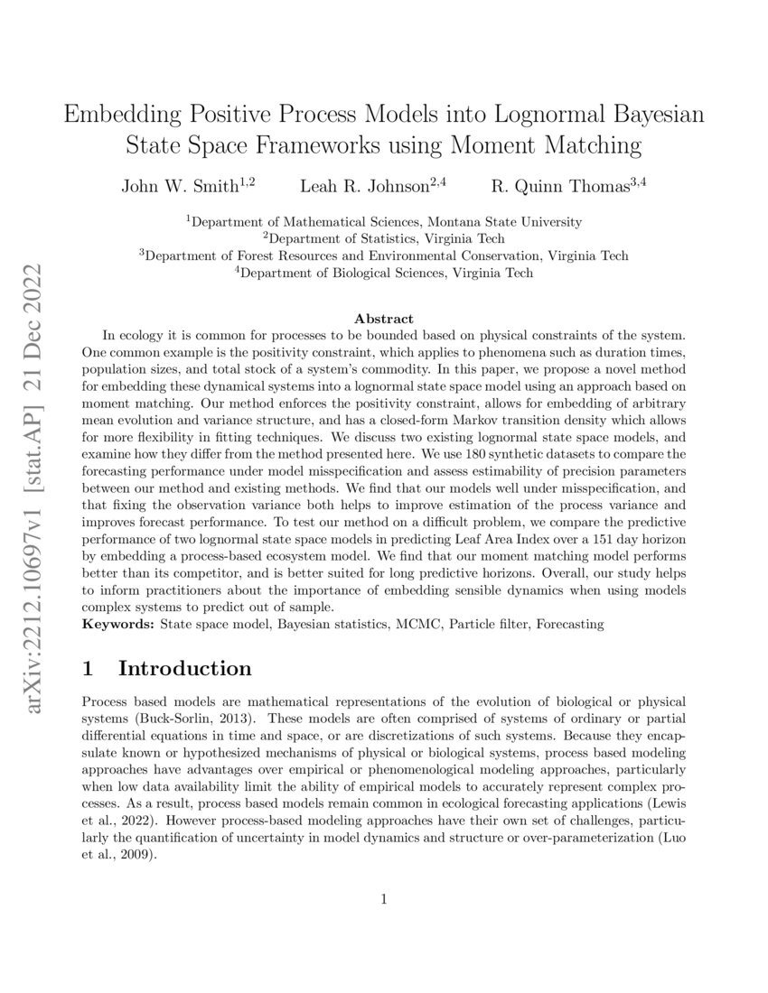 Embedding Positive Process Models into Lognormal Bayesian State Space Frameworks using Moment ...