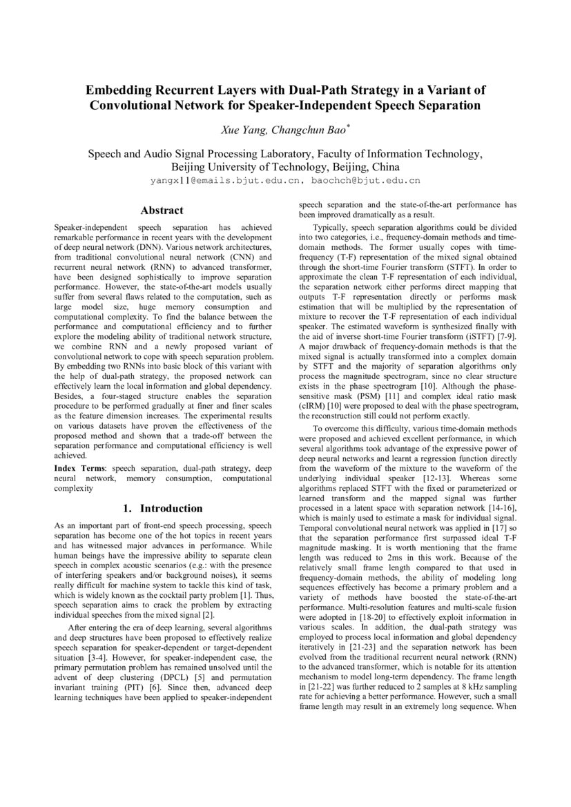 Embedding Recurrent Layers with Dual-Path Strategy in a Variant of Convolutional Network for ...