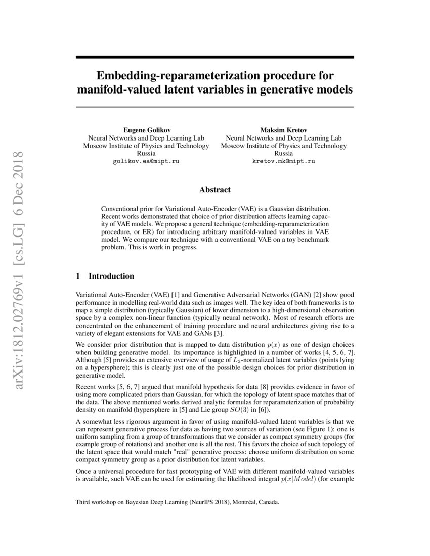 Embedding-reparameterization procedure for manifold-valued latent variables in generative models ...