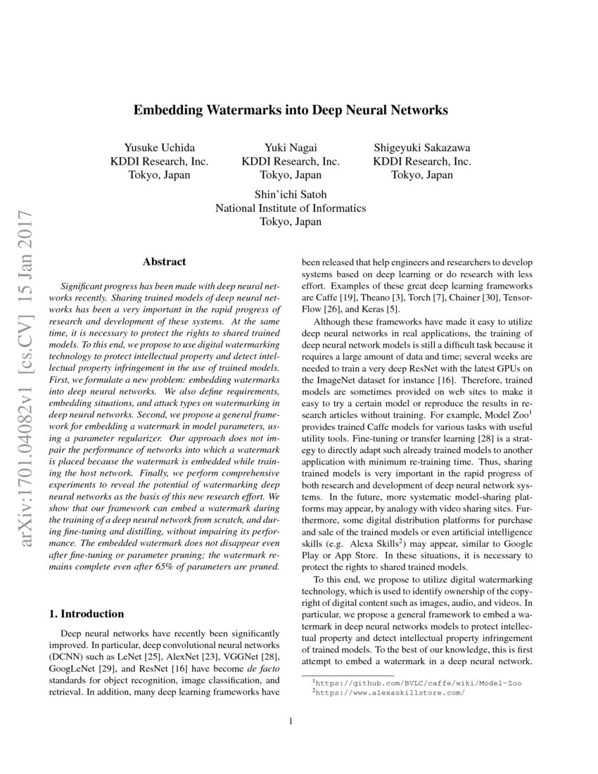 Embedding Watermarks into Deep Neural Networks | DeepAI Embedding Watermarks into Deep Neural Networks | DeepAI