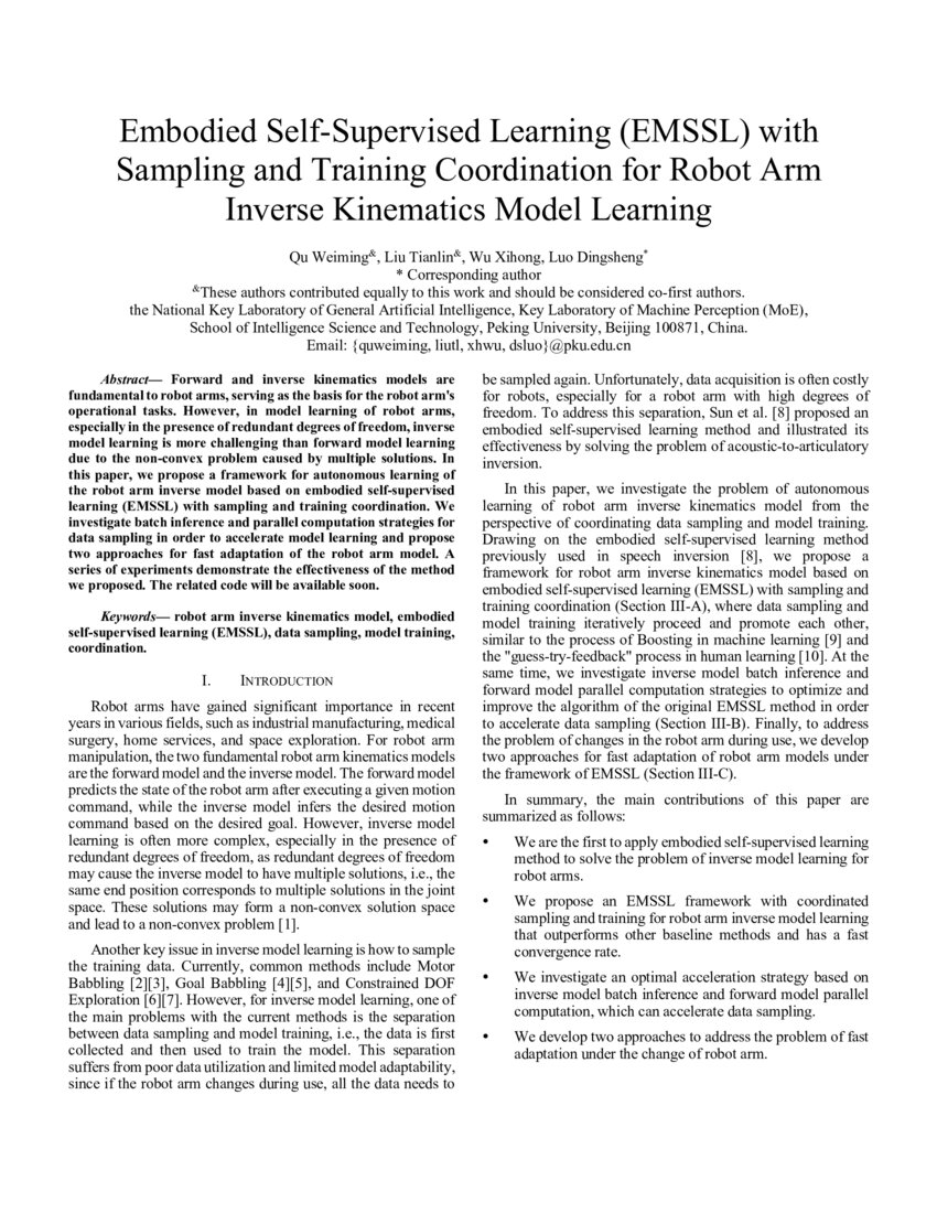 Embodied Self-Supervised Learning (EMSSL) with Sampling and Training Coordination for Robot Arm ...