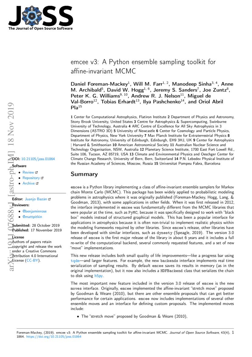 Emcee V3 A Python Ensemble Sampling Toolkit For Affine Invariant Mcmc Deepai