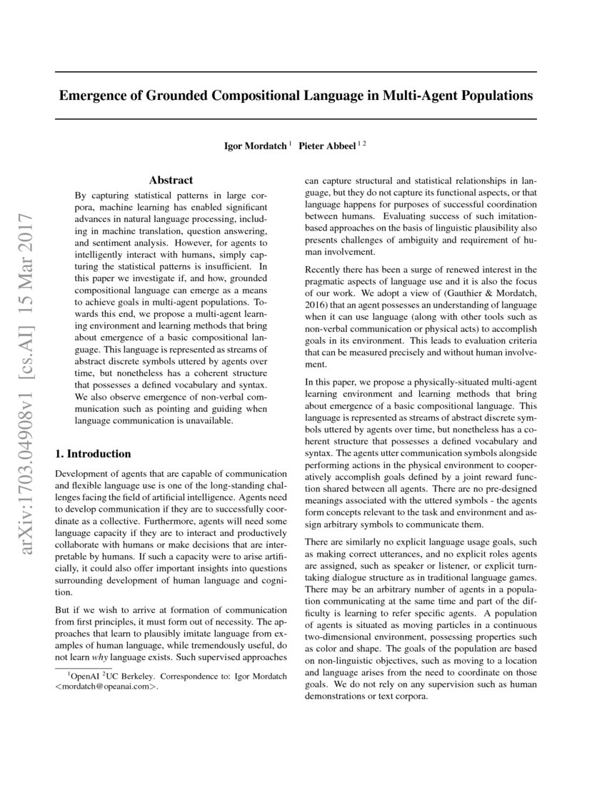 Emergence of Grounded Compositional Language in Multi-Agent Populations | DeepAI