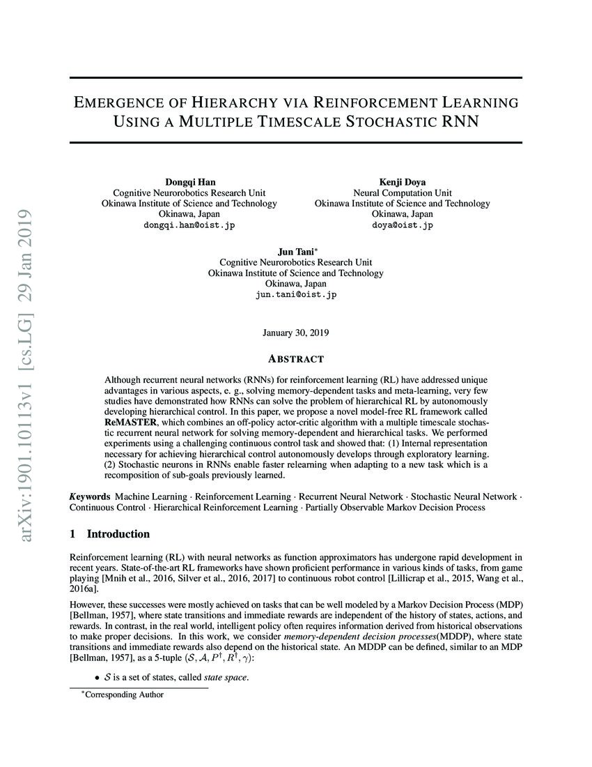 Emergence Of Hierarchy Via Reinforcement Learning Using A Multiple Timescale Stochastic Rnn Deepai