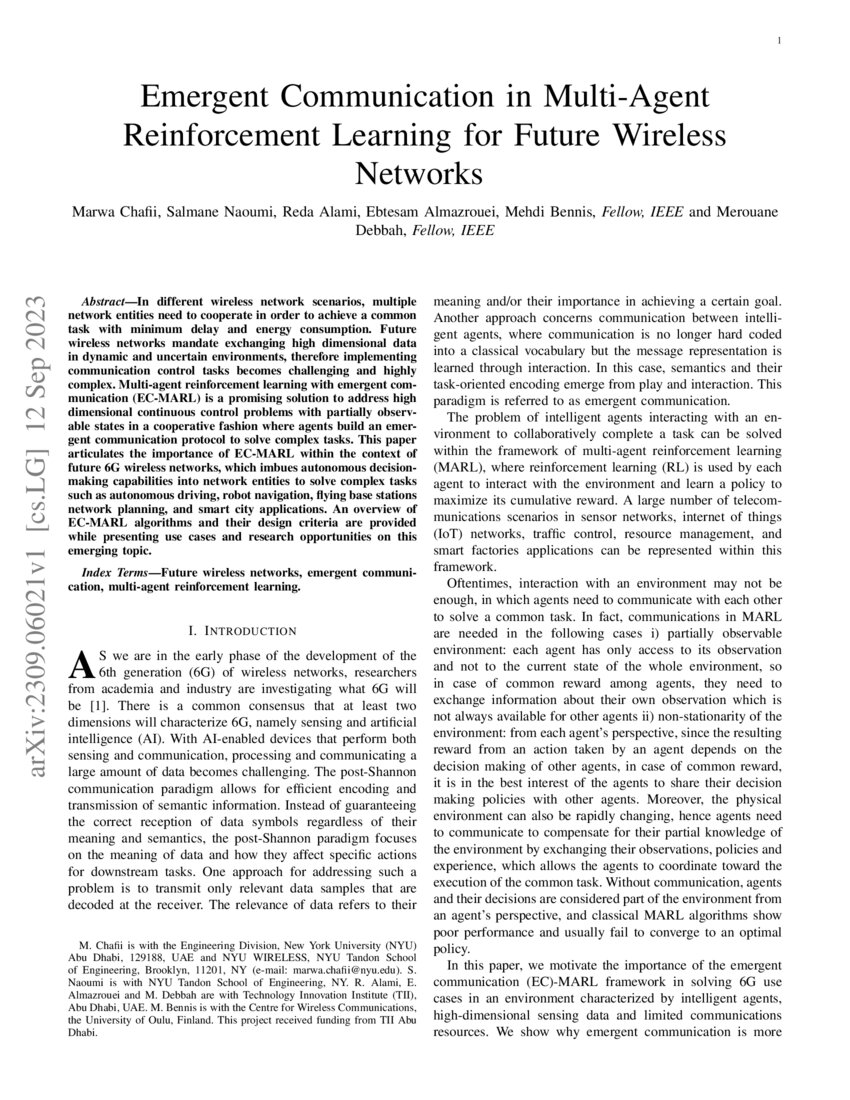 Emergent Communication in Multi-Agent Reinforcement Learning for Future Wireless Networks | DeepAI