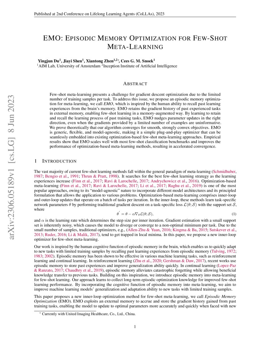 EMO: Episodic Memory Optimization for Few-Shot Meta-Learning | DeepAI