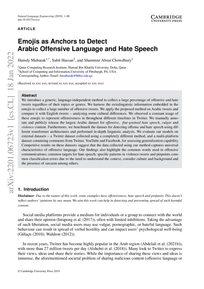 Emojis as Anchors to Detect Arabic Offensive Language and Hate Speech | DeepAI