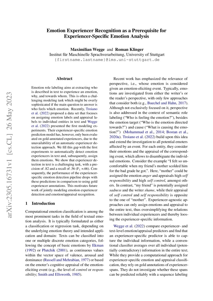 Emotion Experiencer Recognition as a Prerequisite for Experiencer ...