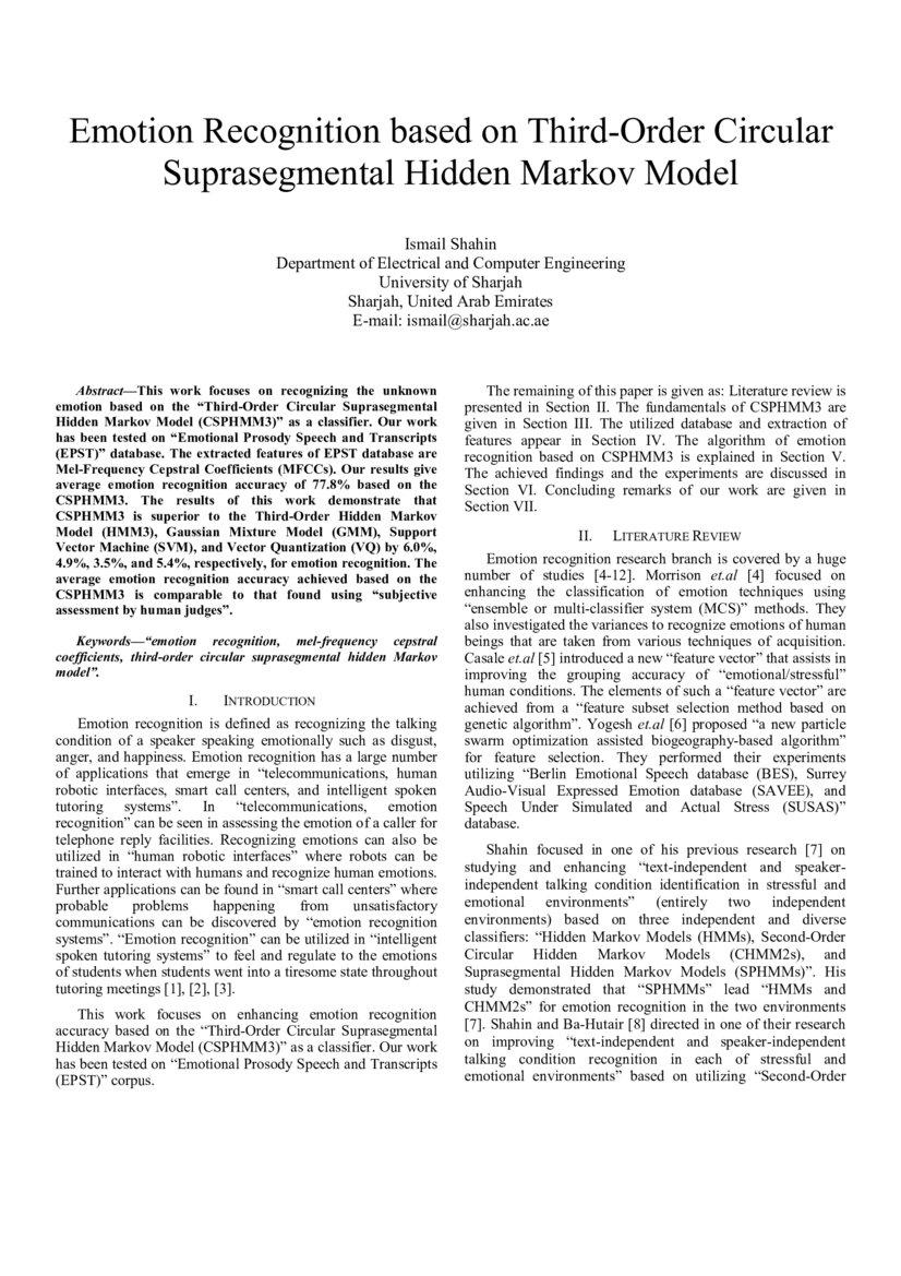 Emotion Recognition based on Third-Order Circular Suprasegmental Hidden Markov Model | DeepAI