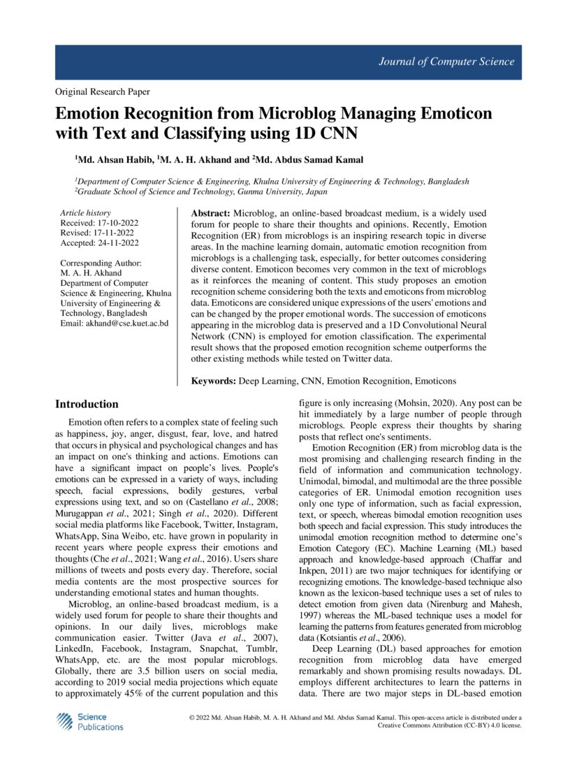 Emotion Recognition From Microblog Managing Emoticon With Text And Classifying Using 1d Cnn Deepai 