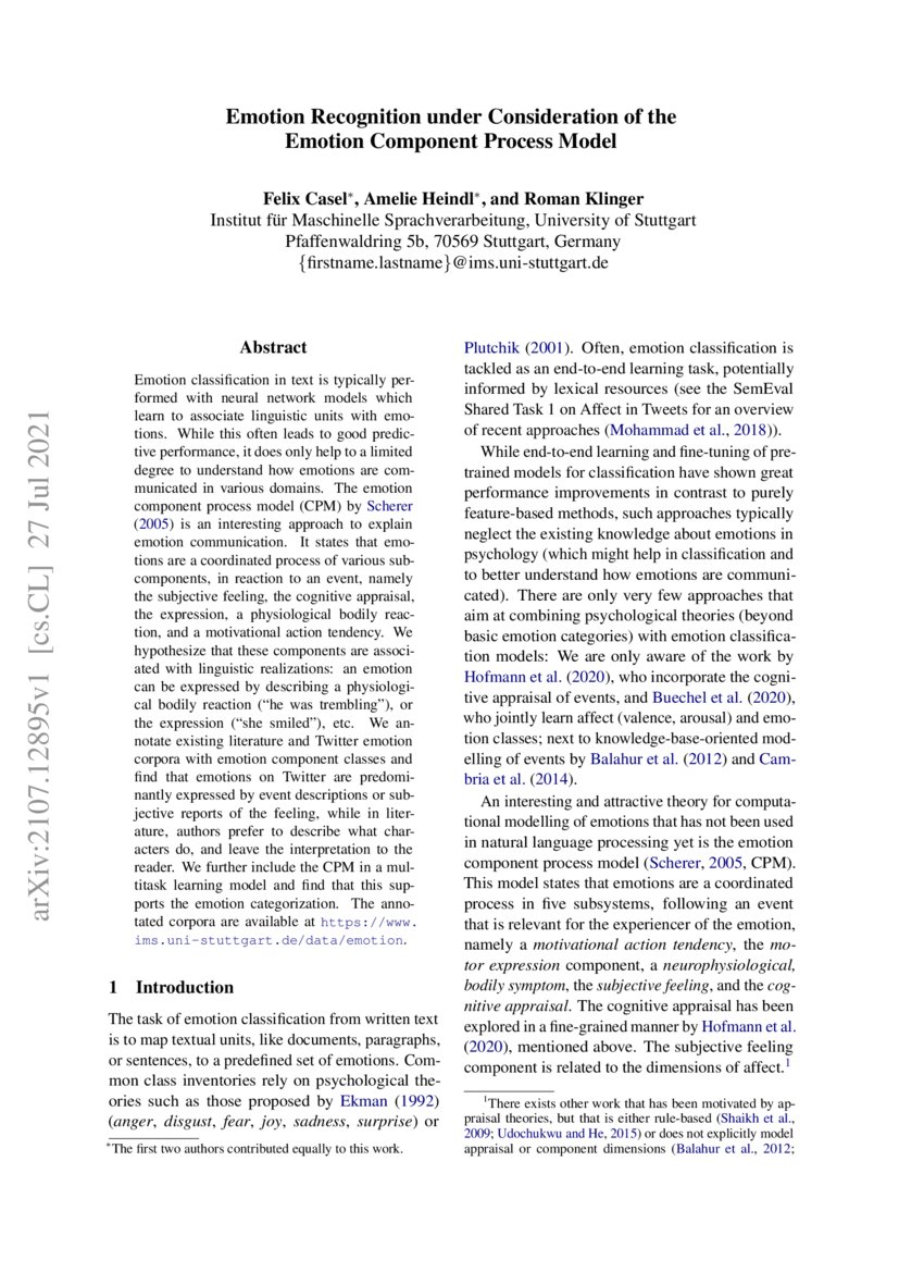 Emotion Recognition under Consideration of the Emotion Component ...