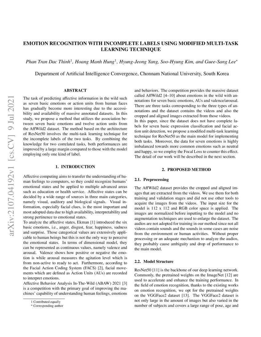 Emotion Recognition With Incomplete Labels Using Modified Multi Task Learning Technique Deepai