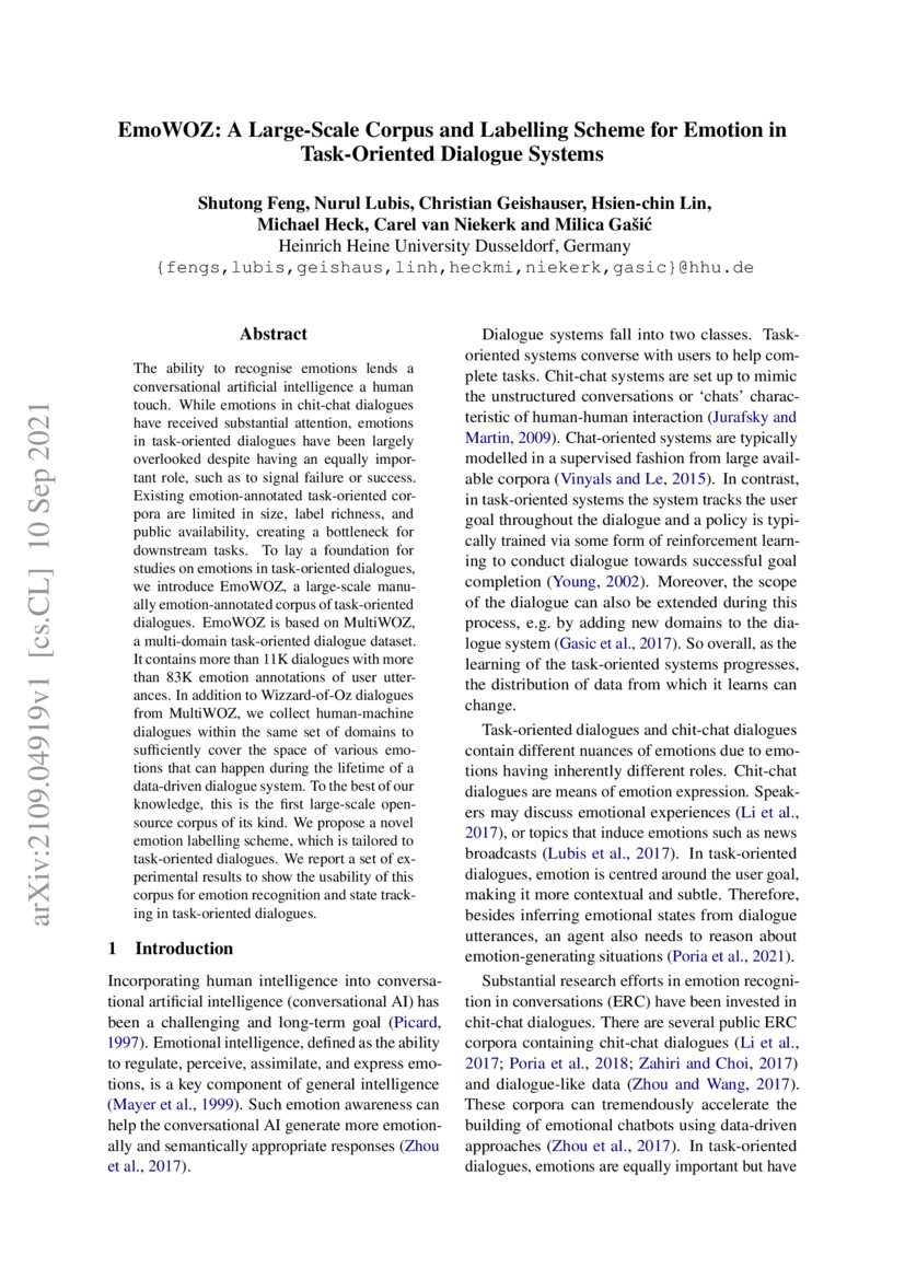 EmoWOZ: A Large-Scale Corpus and Labelling Scheme for Emotion in Task ...