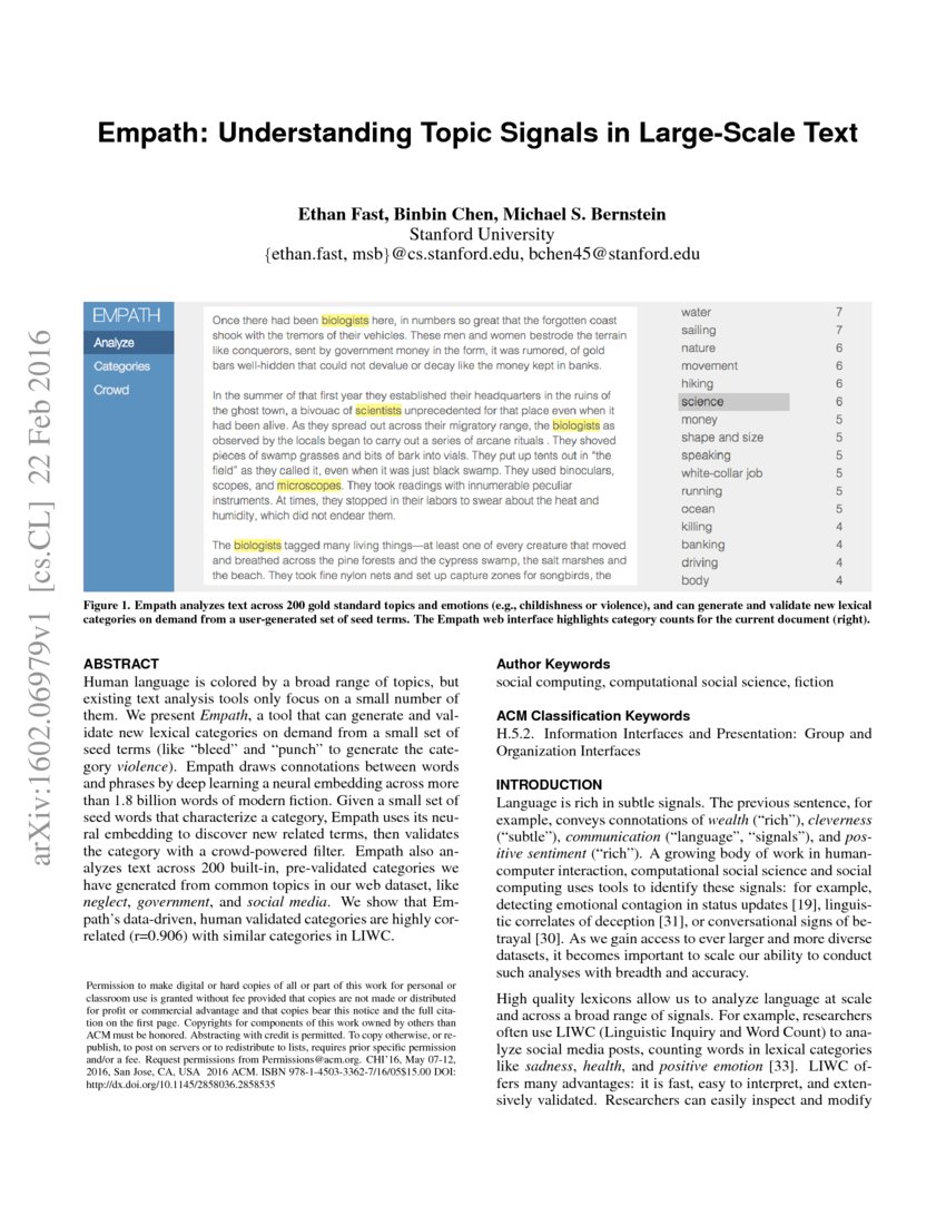 Empath: Understanding Topic Signals in Large-Scale Text | DeepAI