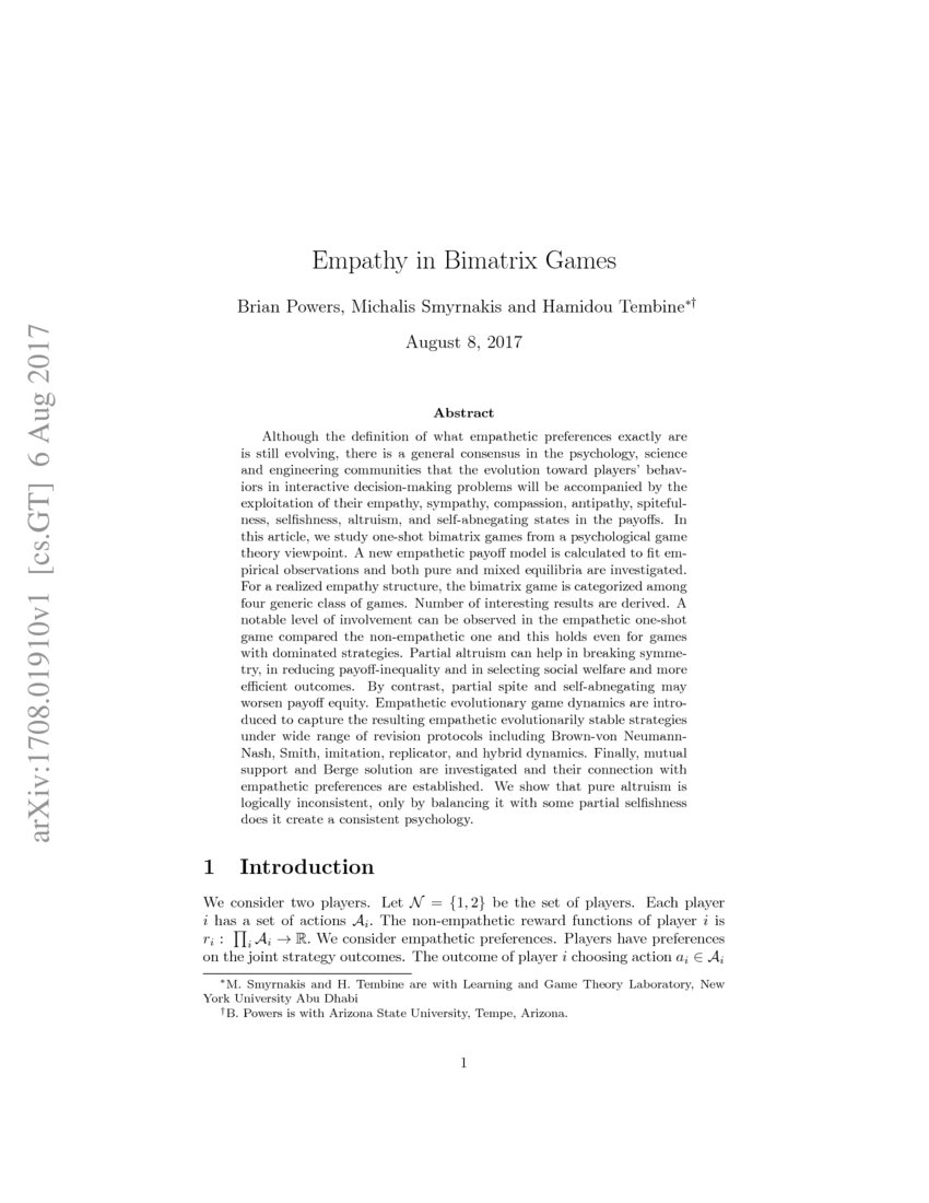 Empathy in Bimatrix Games | DeepAI