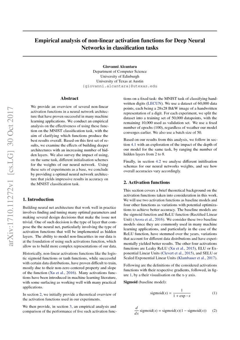 Empirical Analysis Of Non Linear Activation Functions For Deep Neural Networks In Classification