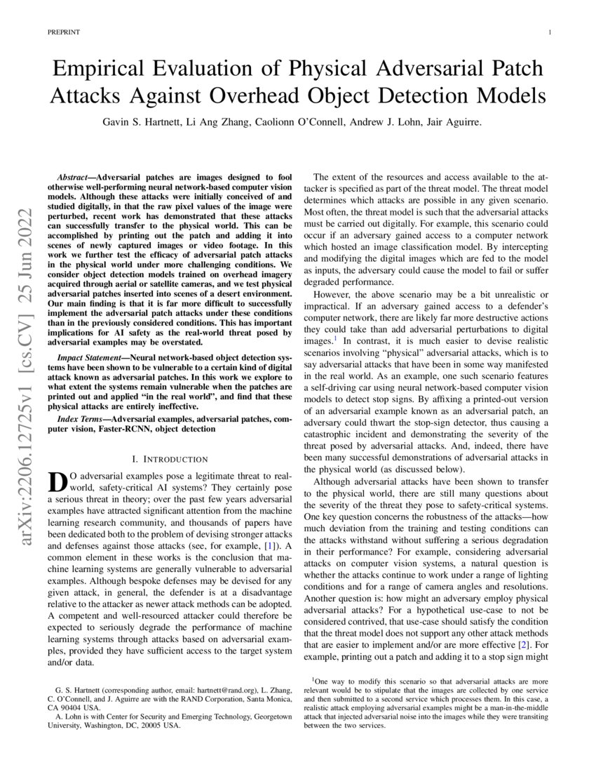 Empirical Evaluation Of Physical Adversarial Patch Attacks Against Overhead Object Detection