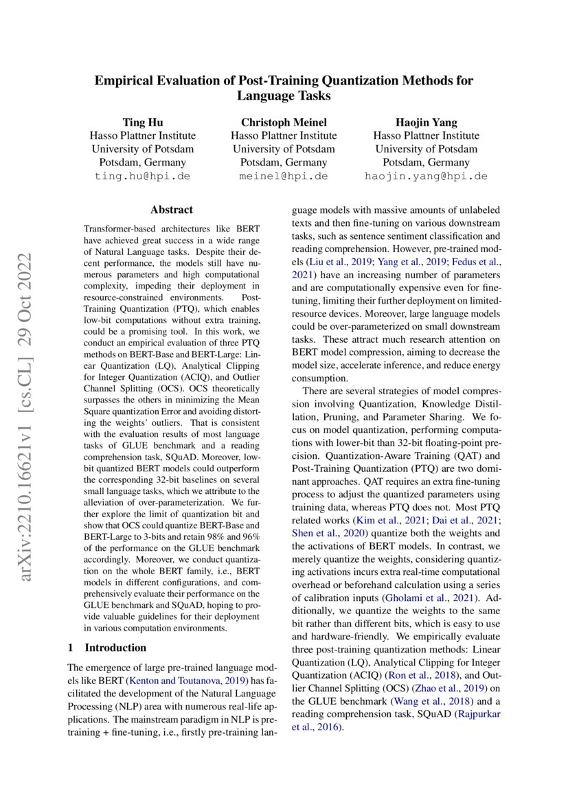 Empirical Evaluation Of Post Training Quantization Methods For Language Tasks Deepai