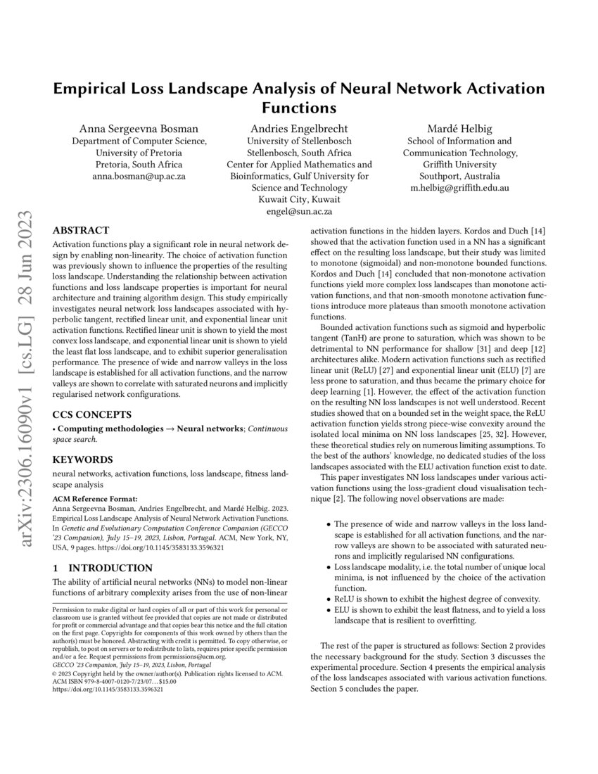 Empirical Loss Landscape Analysis Of Neural Network Activation Functions Deepai